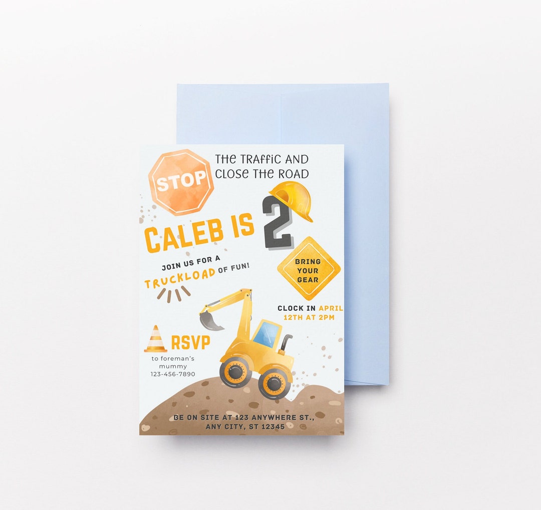 Editable Construction 2nd Birthday Invitation Template, Yellow ...