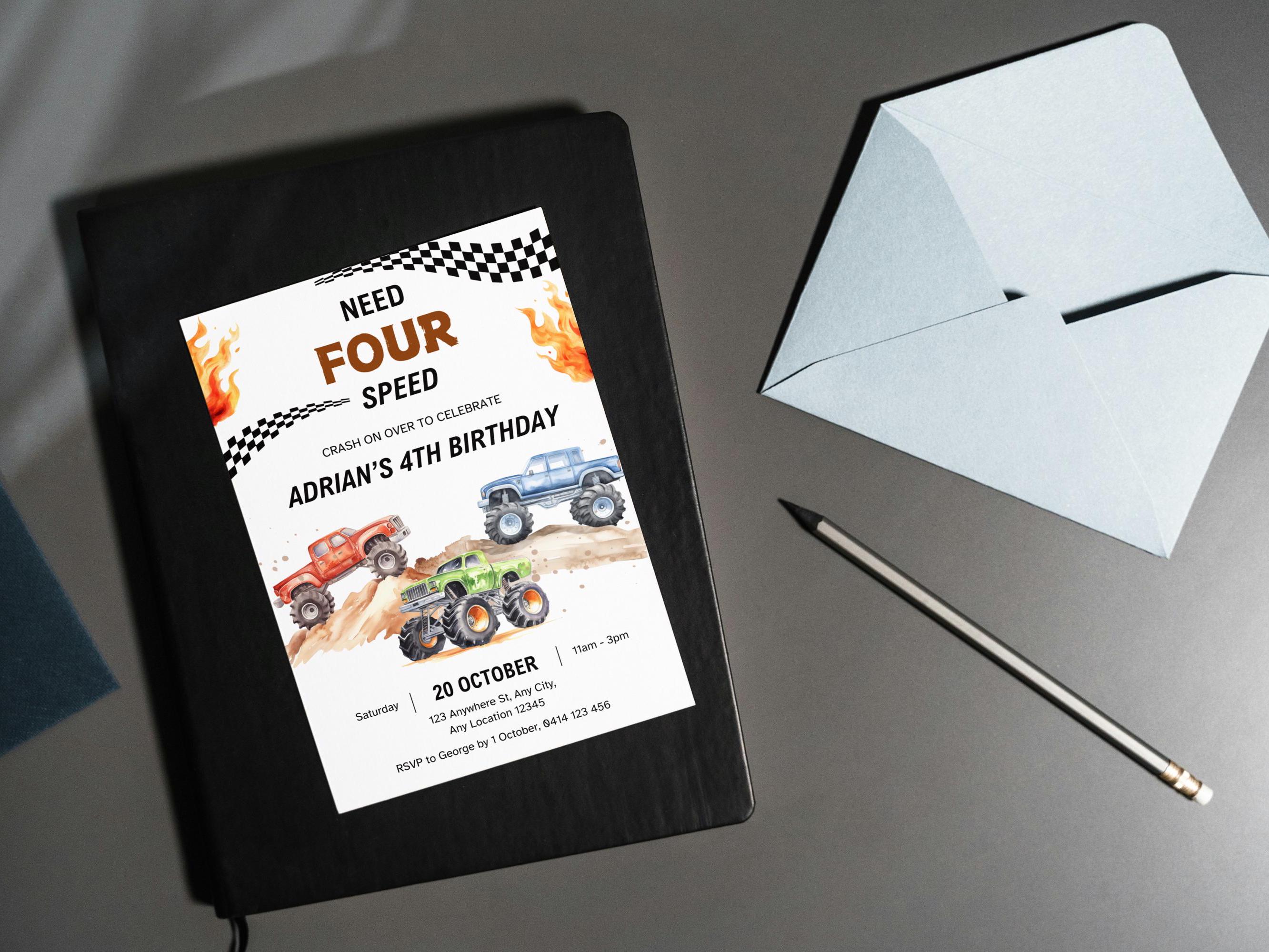 Monster Truck Birthday Invite, Monster Truck Need Four Speed Invitation ...