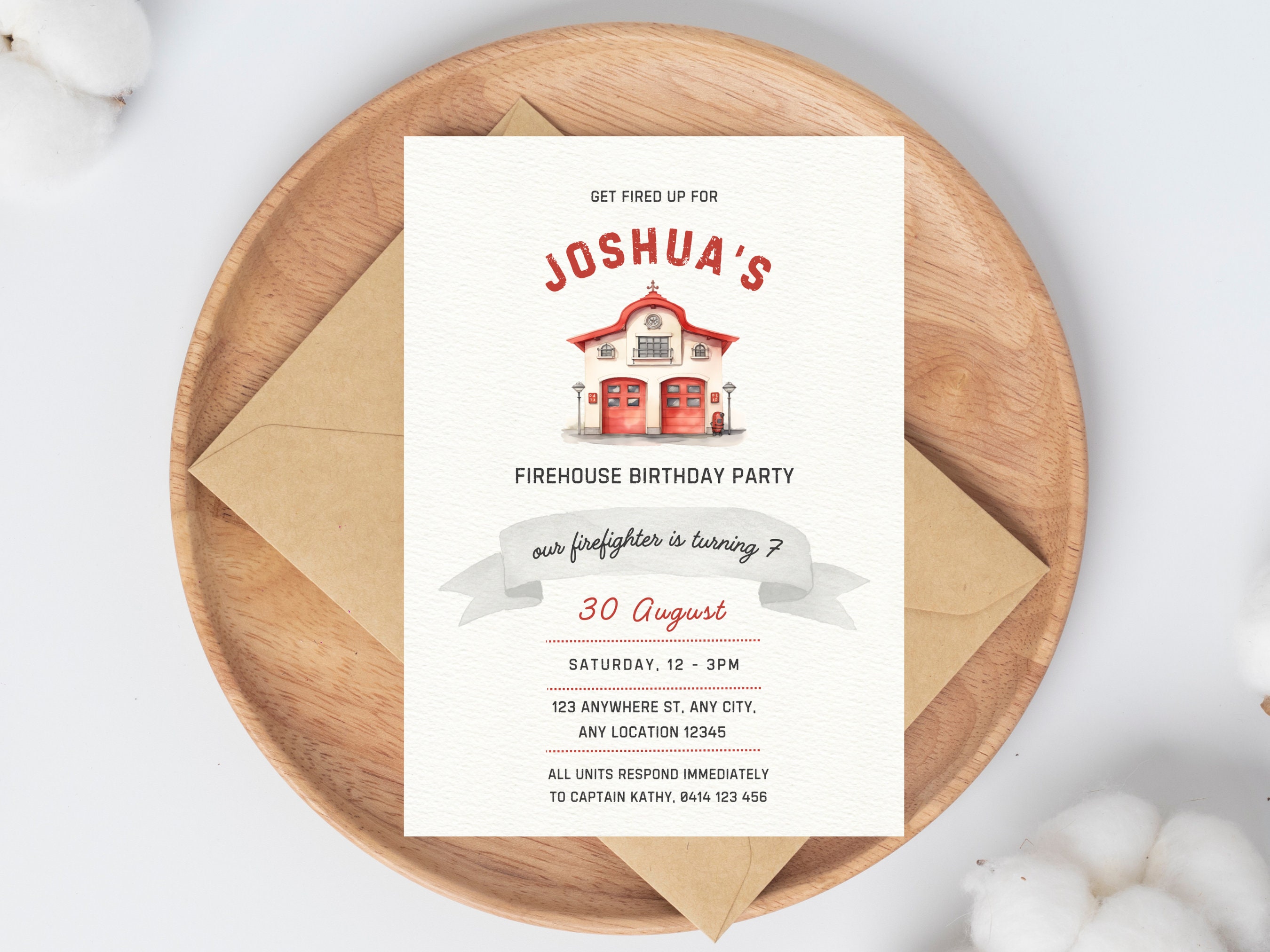 Simple Firehouse Birthday Invite, Firefighter Invite, Fire Truck ...