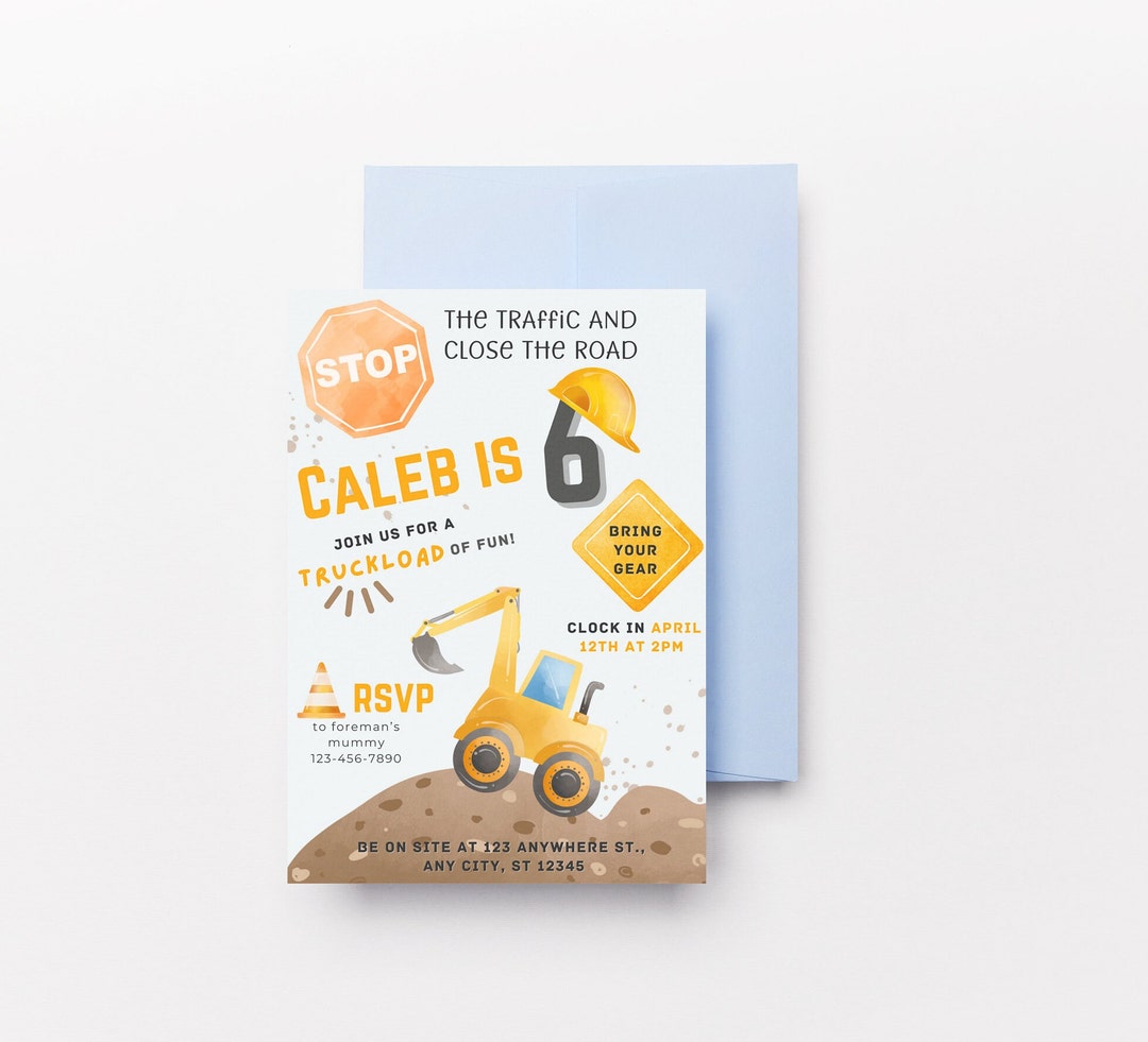 Editable Construction 6th Birthday Invitation Template, Yellow ...