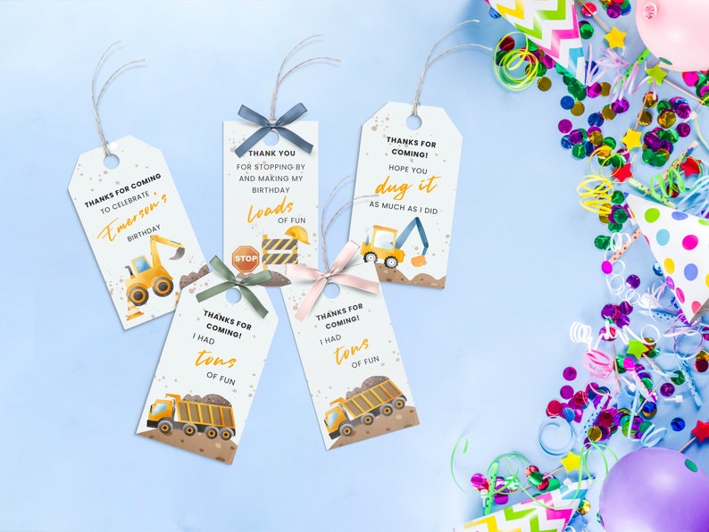 Construction Birthday Party Favor Tags, Excavator Cement Mixer ...