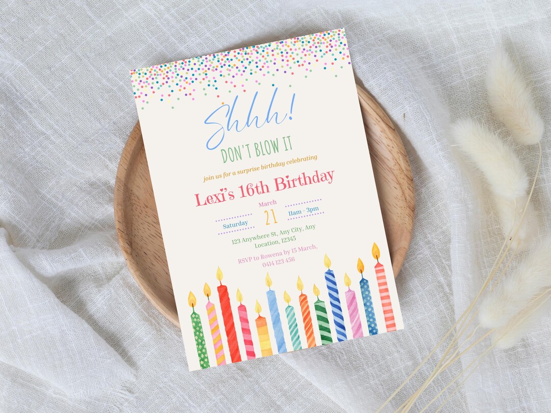 Candles Birthday Invite, Editable Party Template, Printable Surprise ...