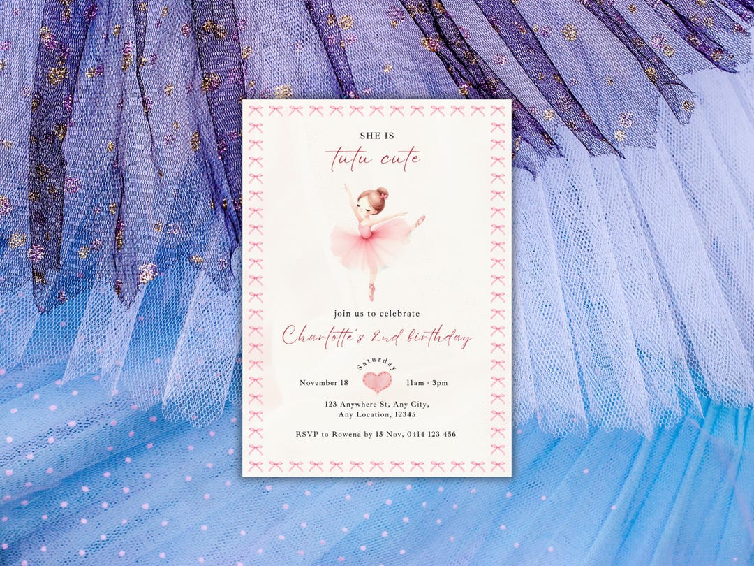 Tutu Cute, Editable Ballerina Invitation, Pink Bow Ballerina Birthday Invite, Girl Pink ...