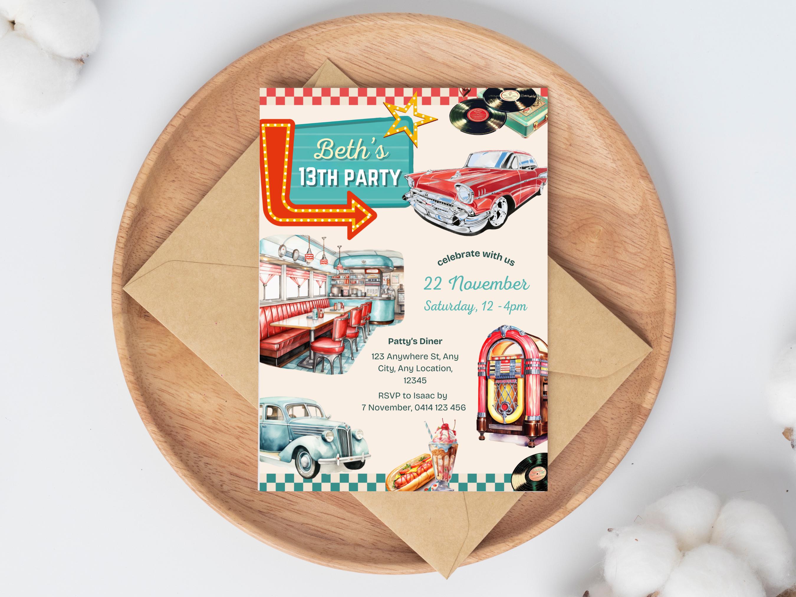 Retro Diner Birthday, 1950's Birthday Invite, Sock Hop 50's Retro Diner ...