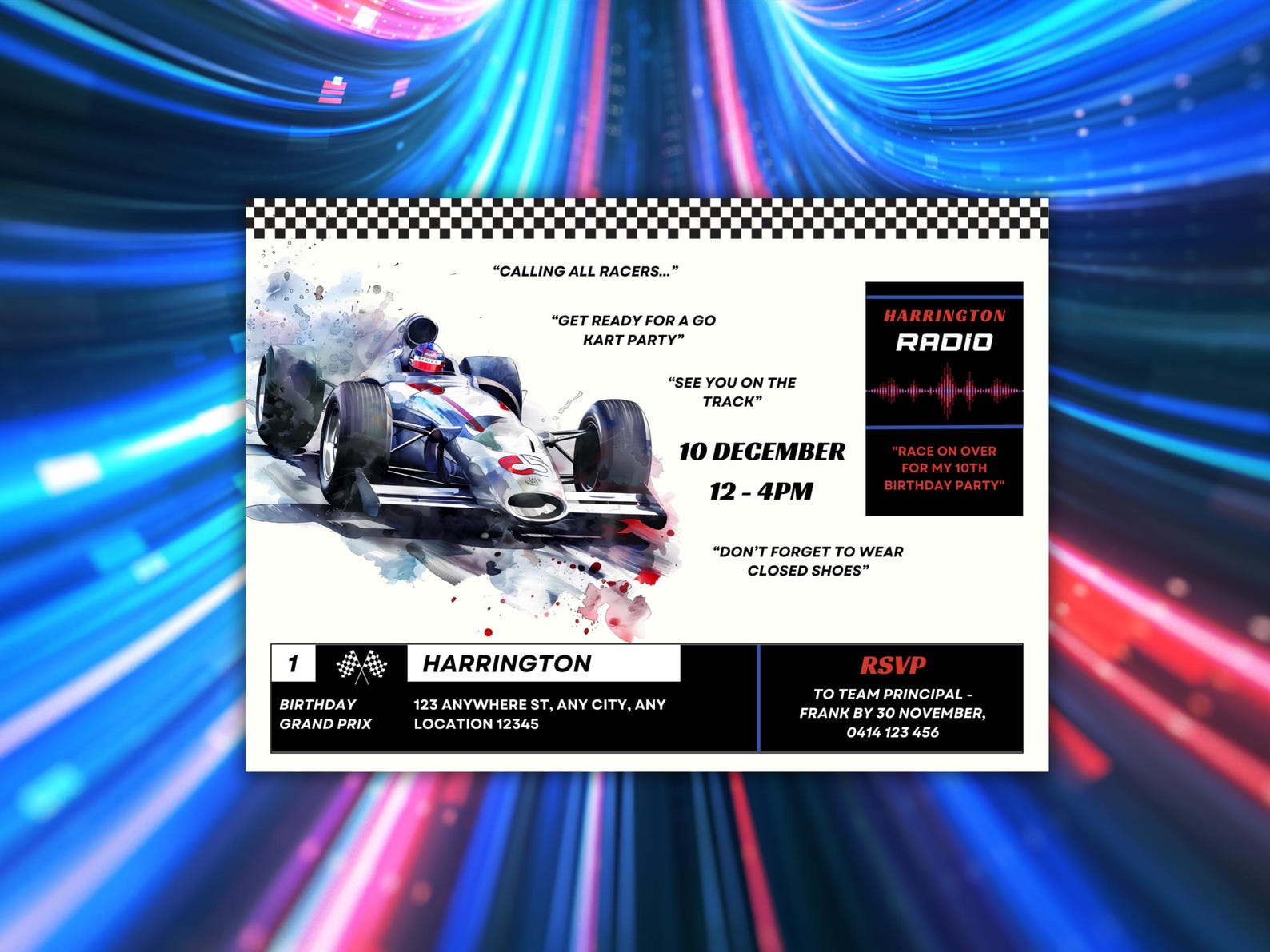 Race Car Birthday Invite, Race Car Birthday Invitation, Racing Radio ...