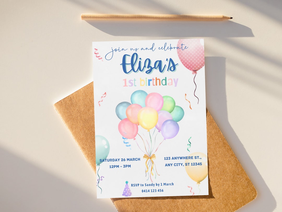 Colourful Balloons Birthday Invite, Pastel Balloons Birthday Invitation ...