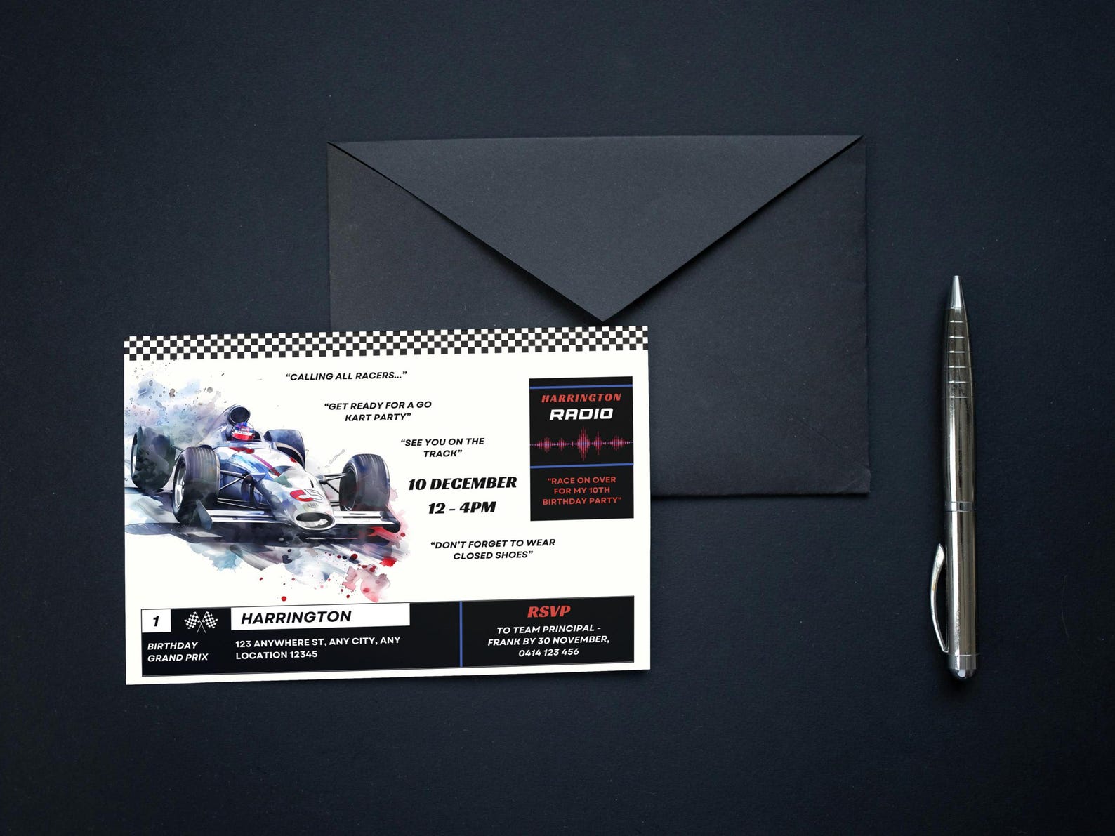 Race Car Birthday Invite, Race Car Birthday Invitation, Racing Radio ...