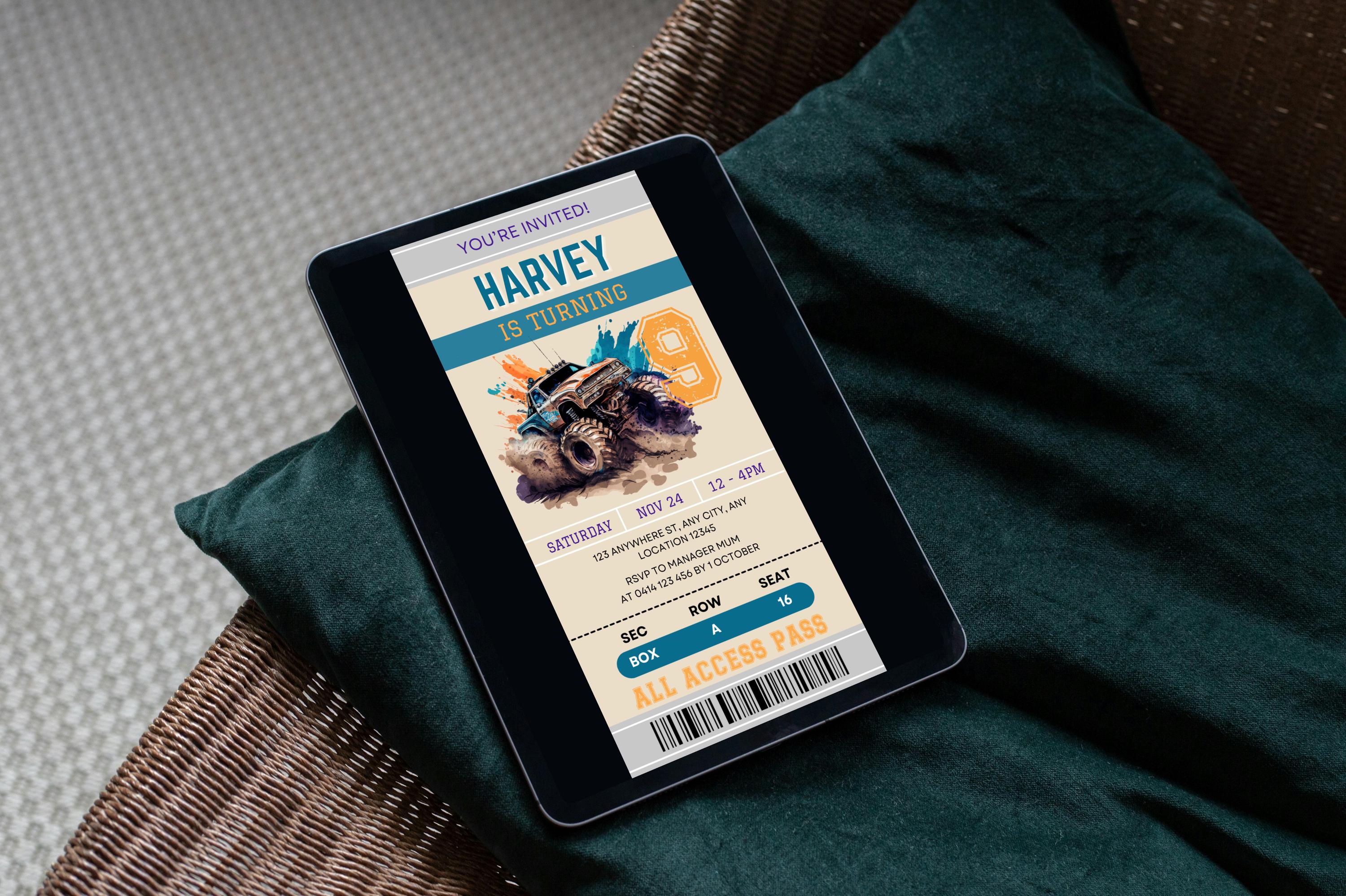 Monster Truck Invite, Monster Truck Rally Ticket Invitation, Monster ...