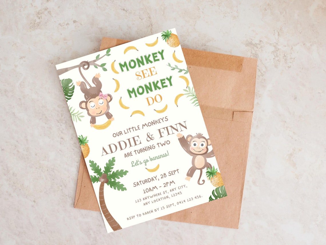 Siblings Monkey Birthday Invitation, Monkey See Monkey Two Birthday ...