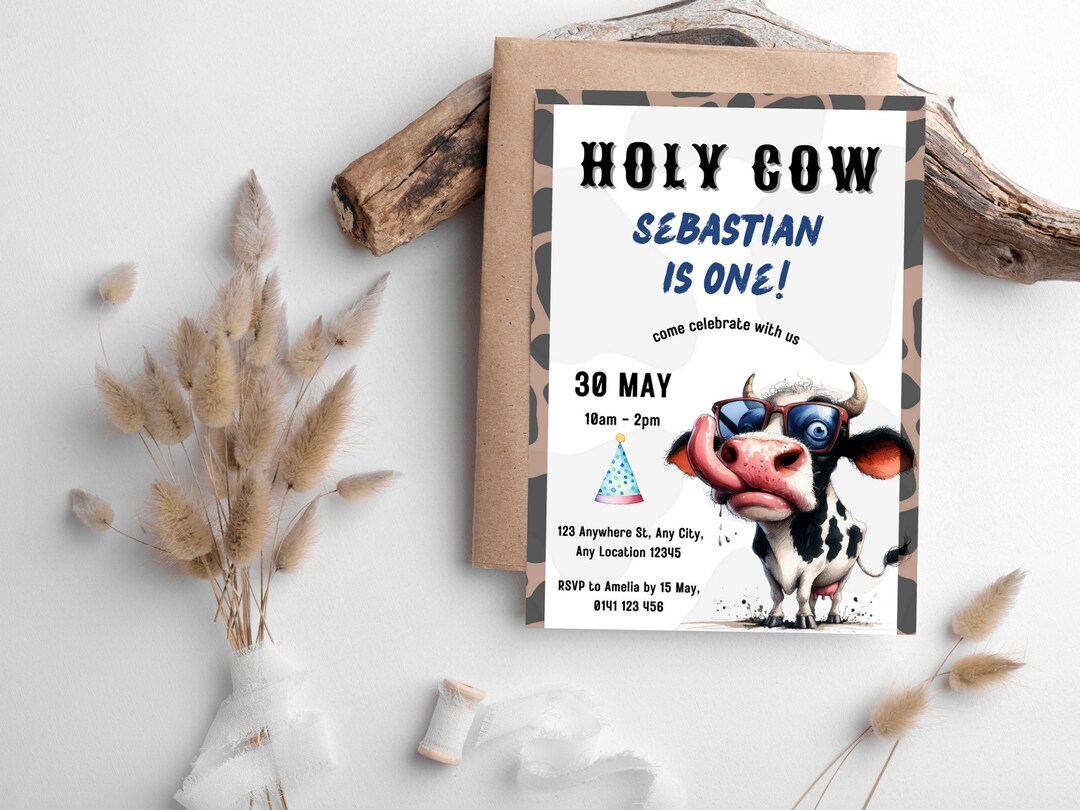 Holy Cow I'm One Birthday Invite, 1st Birthday Invitation, Holy Cow ...