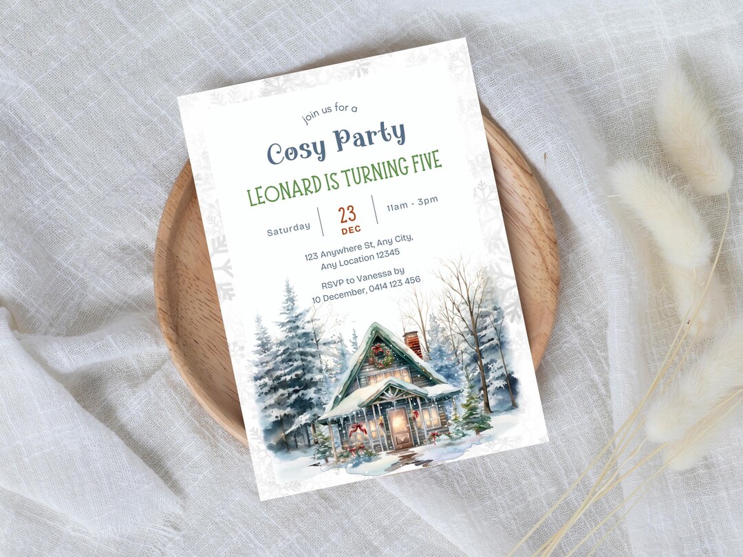 Cozy Cabin Christmas Birthday Invitation, Rustic Wood Cozy Christmas ...