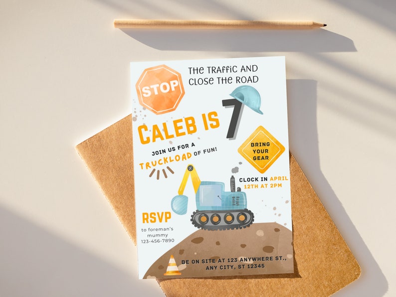 Editable Construction 7th Birthday Invitation Template, Blue ...