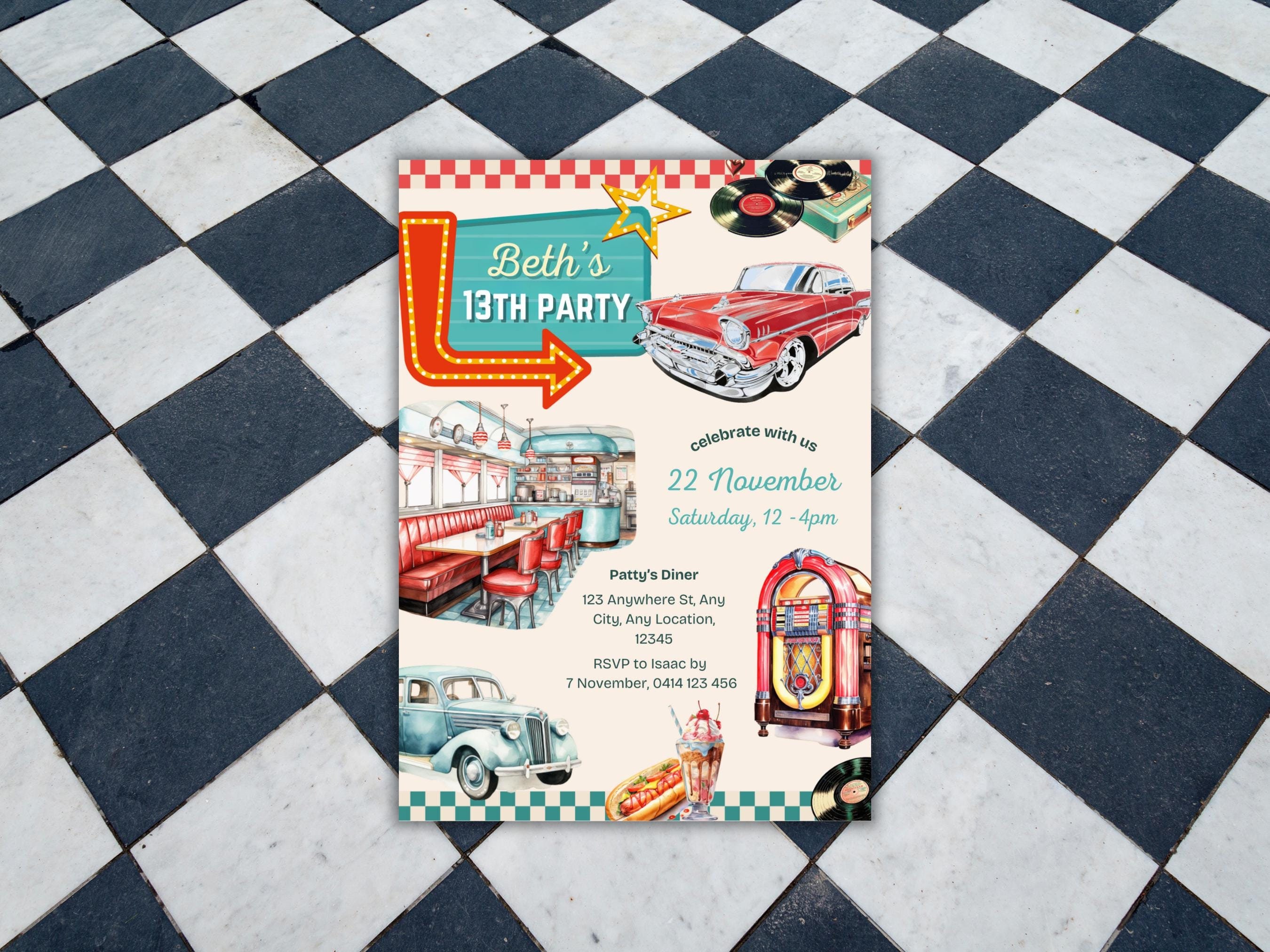 Retro Diner Birthday, 1950's Birthday Invite, Sock Hop 50's Retro Diner ...