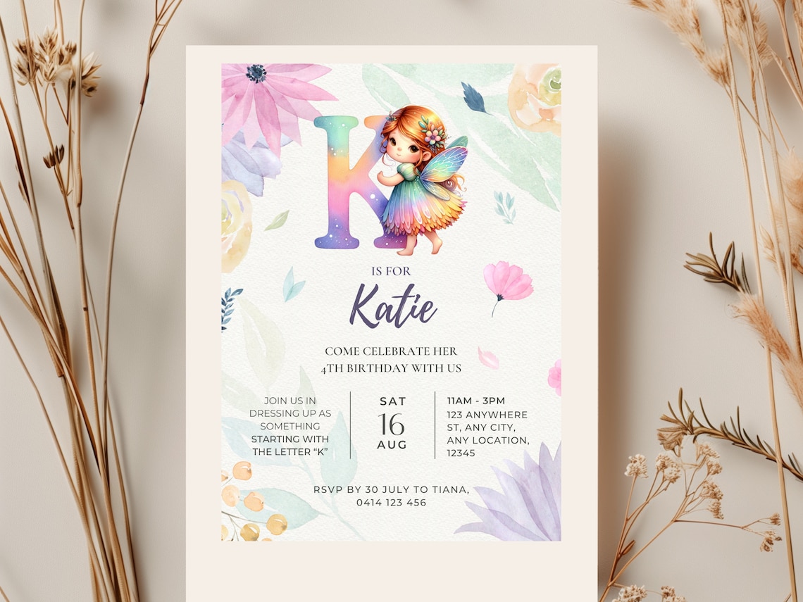 First Letter of Your Name Party Invitation, Fairy Birthday Party Invite ...