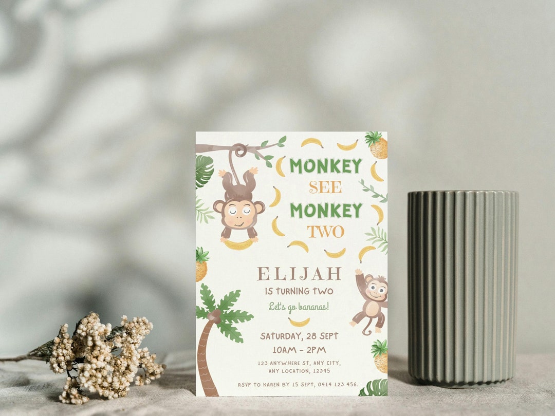 Monkey Birthday Invitation, Monkey See Monkey Two Birthday Party Invite ...
