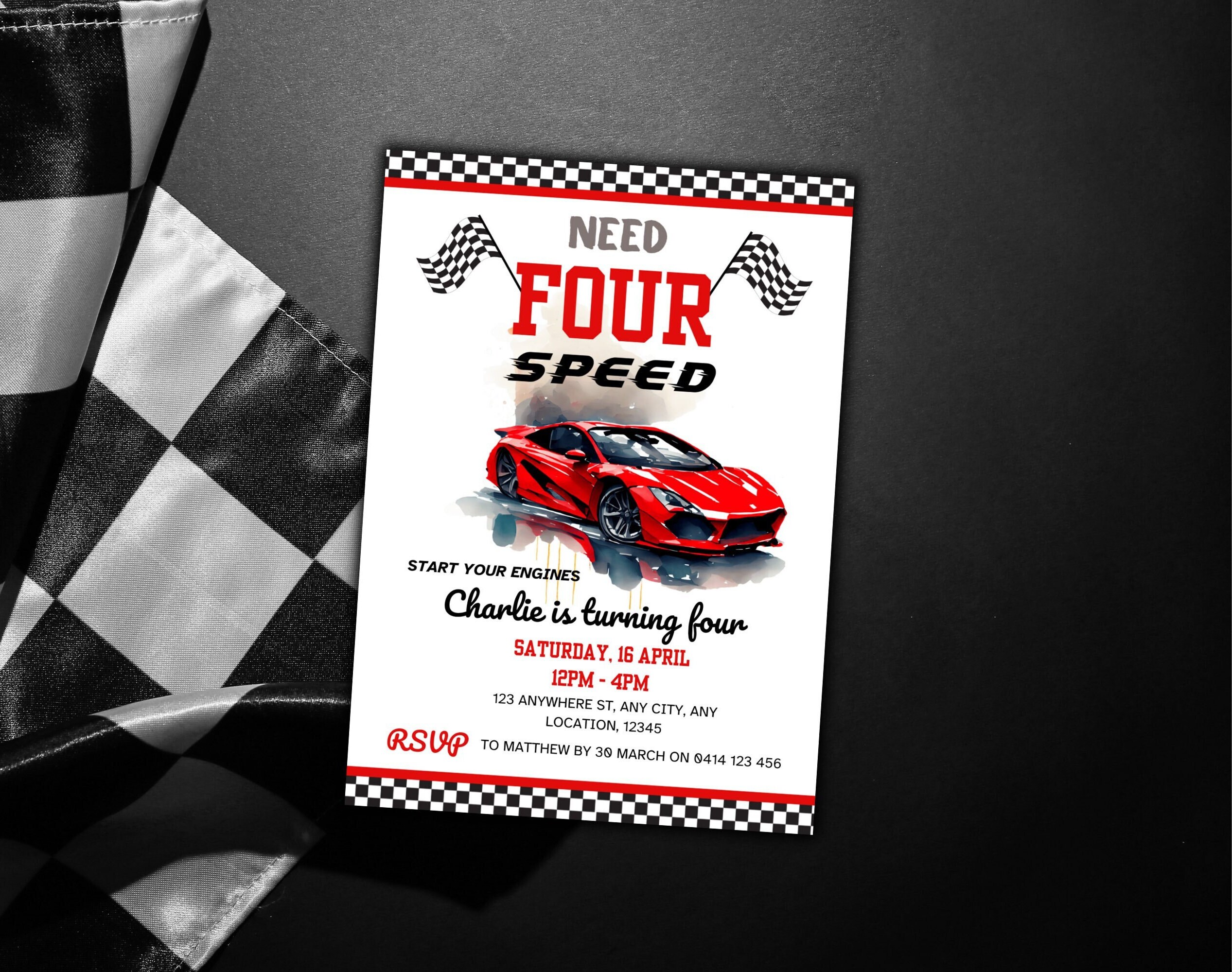 Need Four Speed Birthday Party Invitation, Need 4 Speed Invite, Red ...