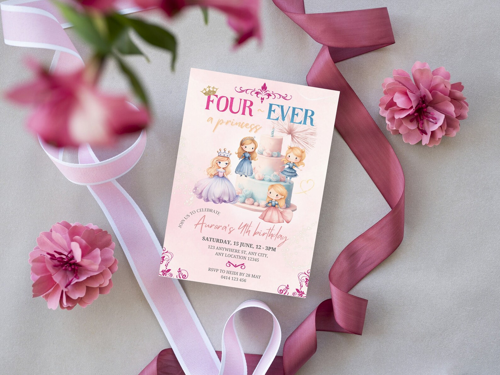 Four Ever a Princess Invitation, Princess Birthday Invitation, Magical ...