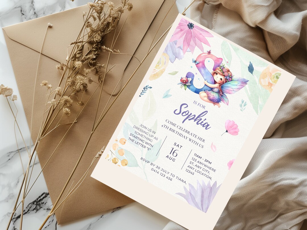First Letter of Your Name Party Invitation, Fairy Birthday Party Invite ...