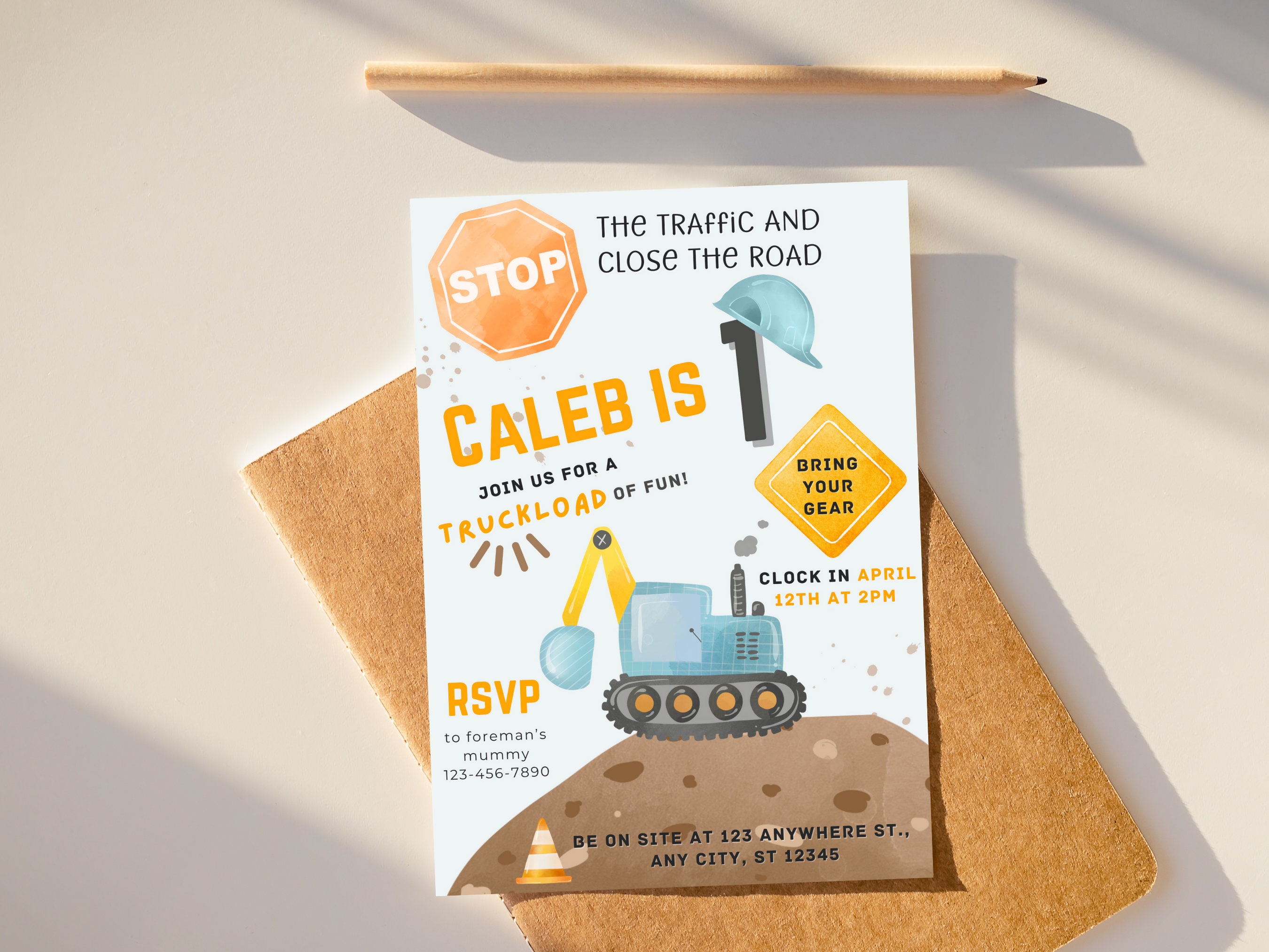 Editable Construction 1st Birthday Invitation Template, Blue ...