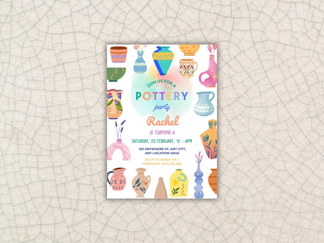 Pottery Painting Birthday Invitation, Art Party Invite, Rainbow Paint ...