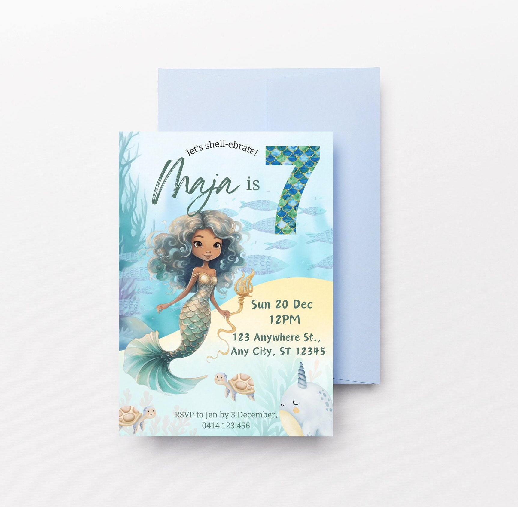 Cute Mermaid 7th Birthday Invitation, Mermaid Scales, Under the Sea ...