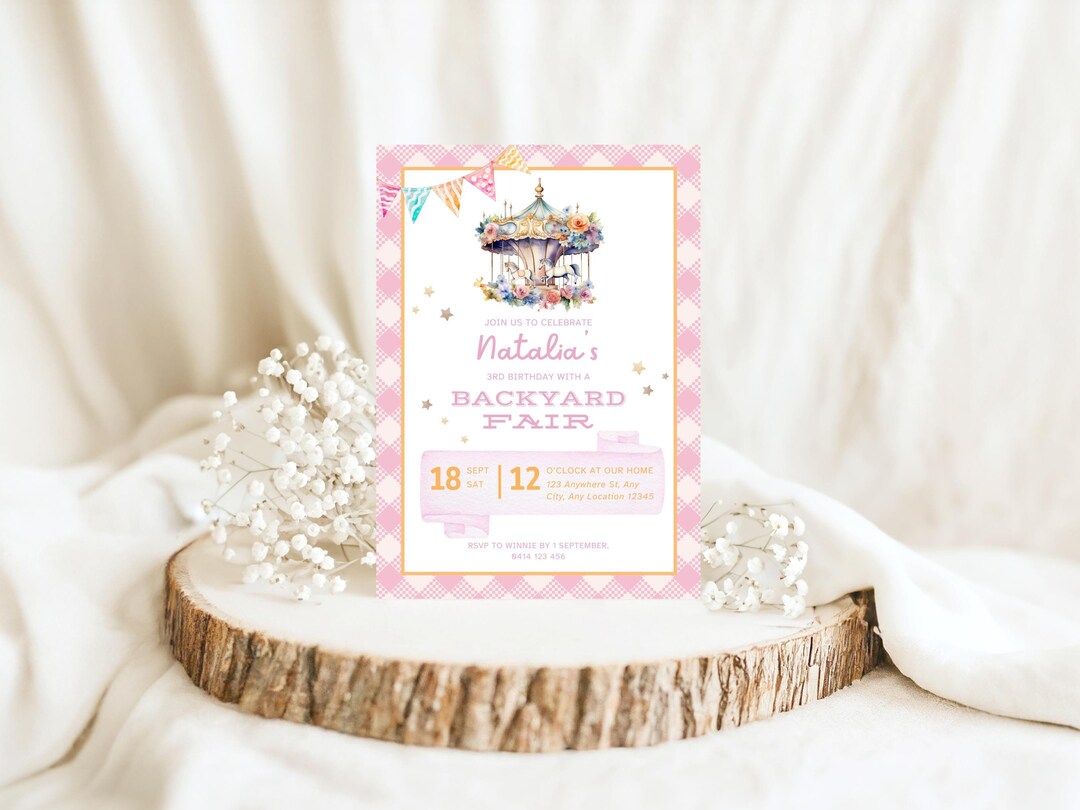 Pink Carousel Invitation Template, Backyard Fair Party Invite, Florals ...