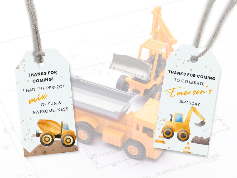 Construction Birthday Party Favor Tags, Excavator Cement Mixer ...