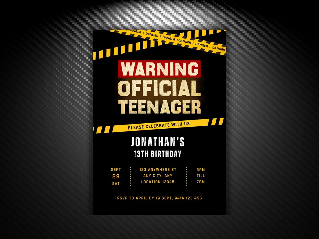 Warning Officially a Teenager, Teenager Birthday Invitation, 13th ...