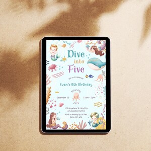 Dive Into Five Mermaid Merman 5th Birthday Invitation, Boy 5th Birthday ...