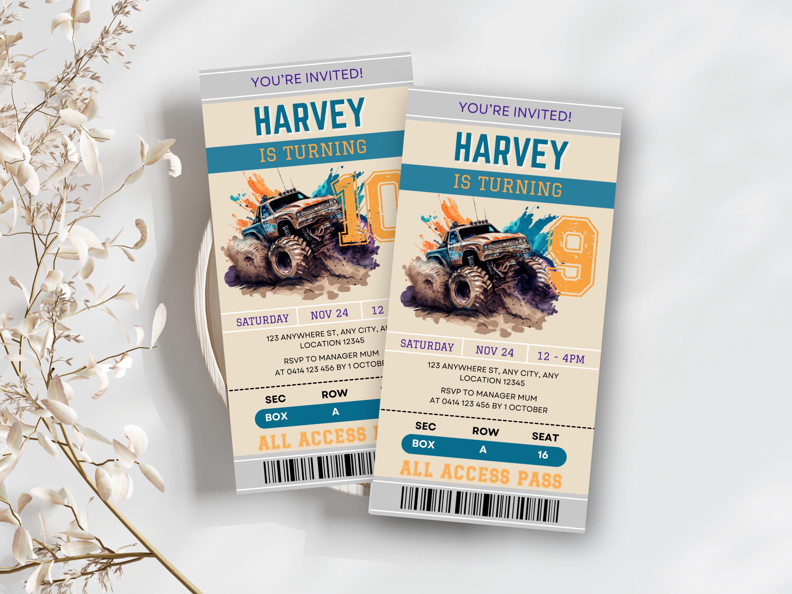 Monster Truck Invite, Monster Truck Rally Ticket Invitation, Monster ...
