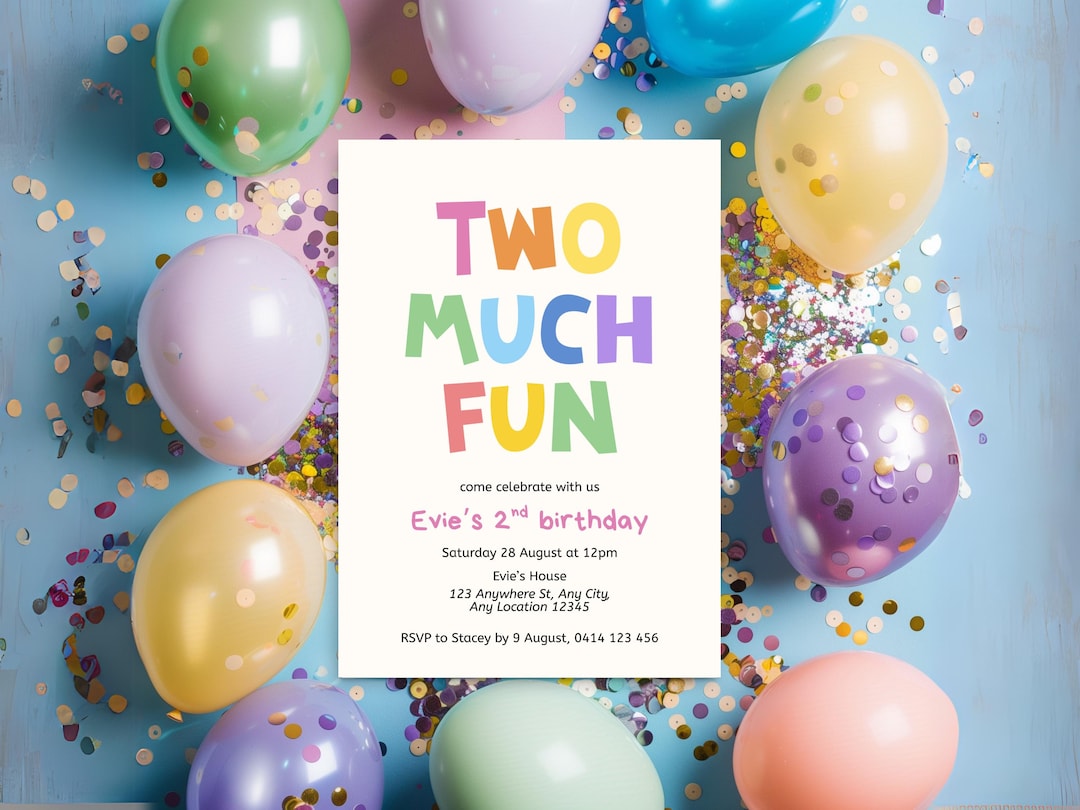 Two Much Fun, Ready Two Party Invite, Second Birthday Invite, Colorful ...