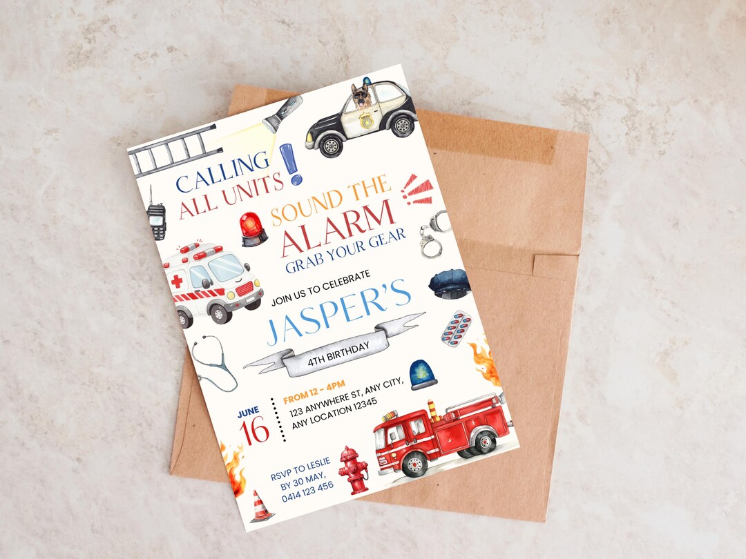 Emergency Vehicles Birthday Invitation Editable, First Responders Theme ...