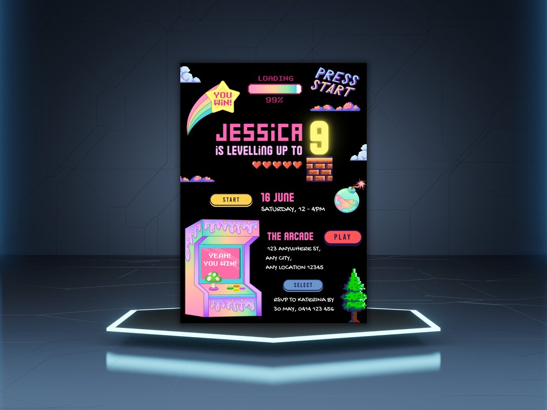 Arcade Birthday Invitation, Retro Video Game, Gaming Birthday ...