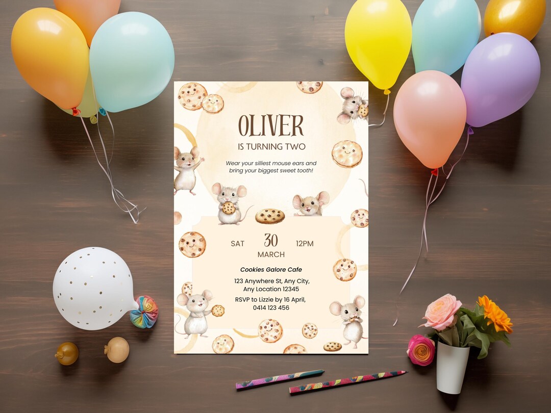 Mouse Cookie Birthday Invite, Digital Invitation, Book Theme, First ...
