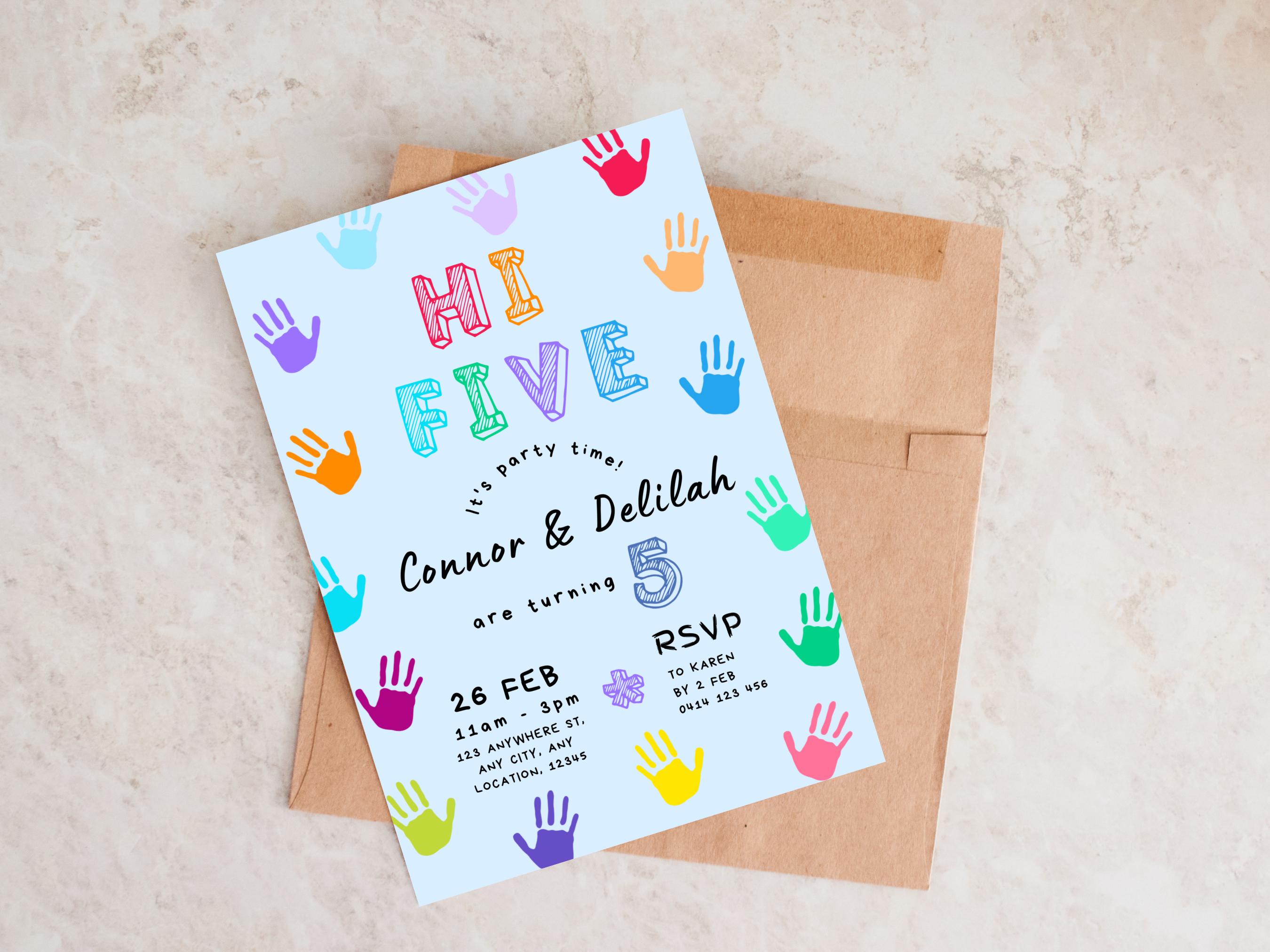 Hi Five Birthday Invite, Printable Hi 5 Invite, Twins High Five ...