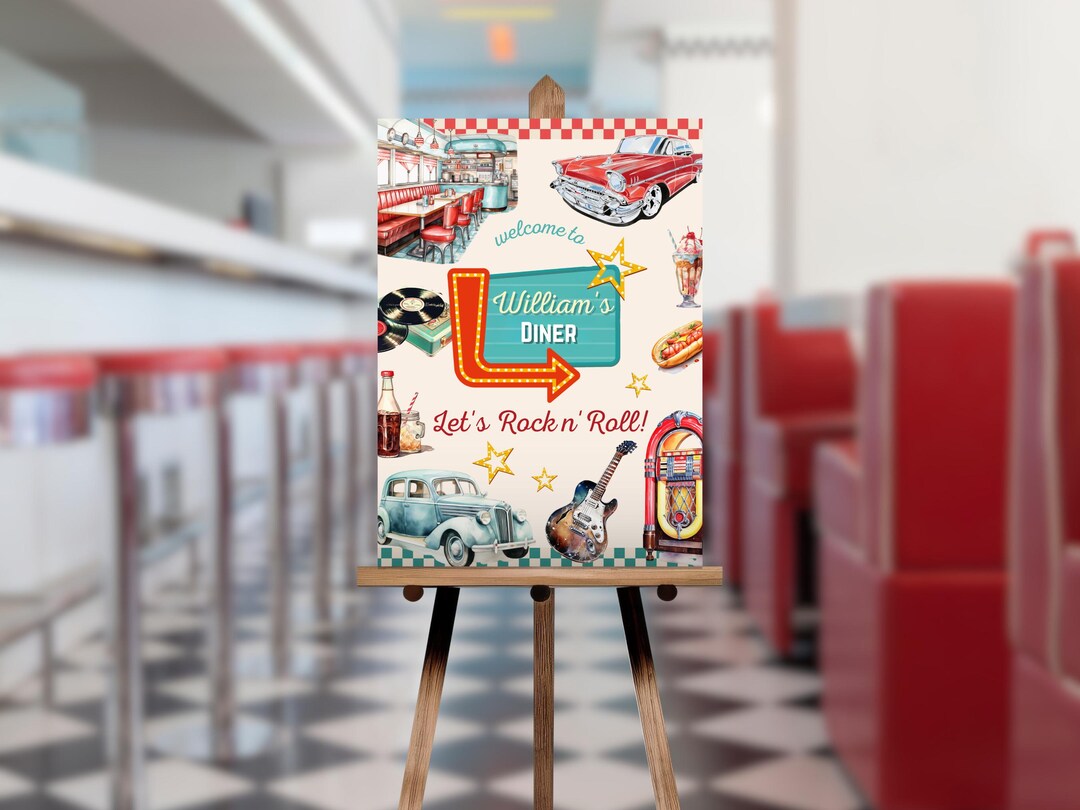 Retro Diner Birthday Welcome Sign, 1950's Birthday Invite, Lets Rock N ...