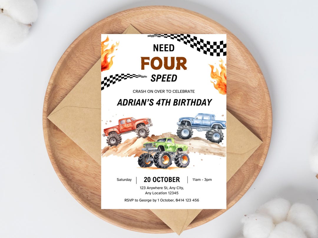 Monster Truck Birthday Invite, Monster Truck Need Four Speed Invitation ...