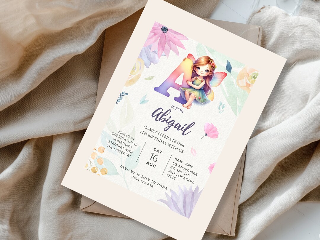 First Letter of Your Name Party Invitation, Fairy Birthday Party Invite ...