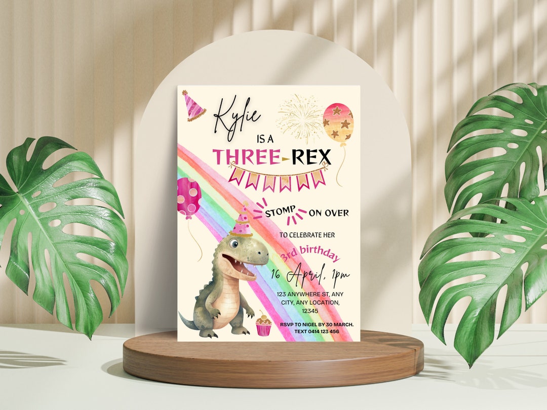 Three Rex Party, Girl Dinosaur Birthday Party Invite, Dinosaur Three ...