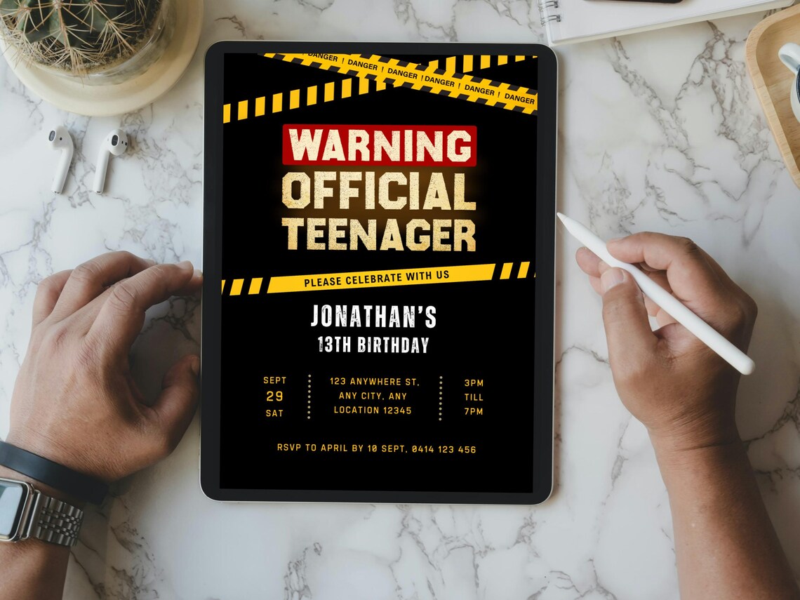 Warning Officially a Teenager, Teenager Birthday Invitation, 13th ...