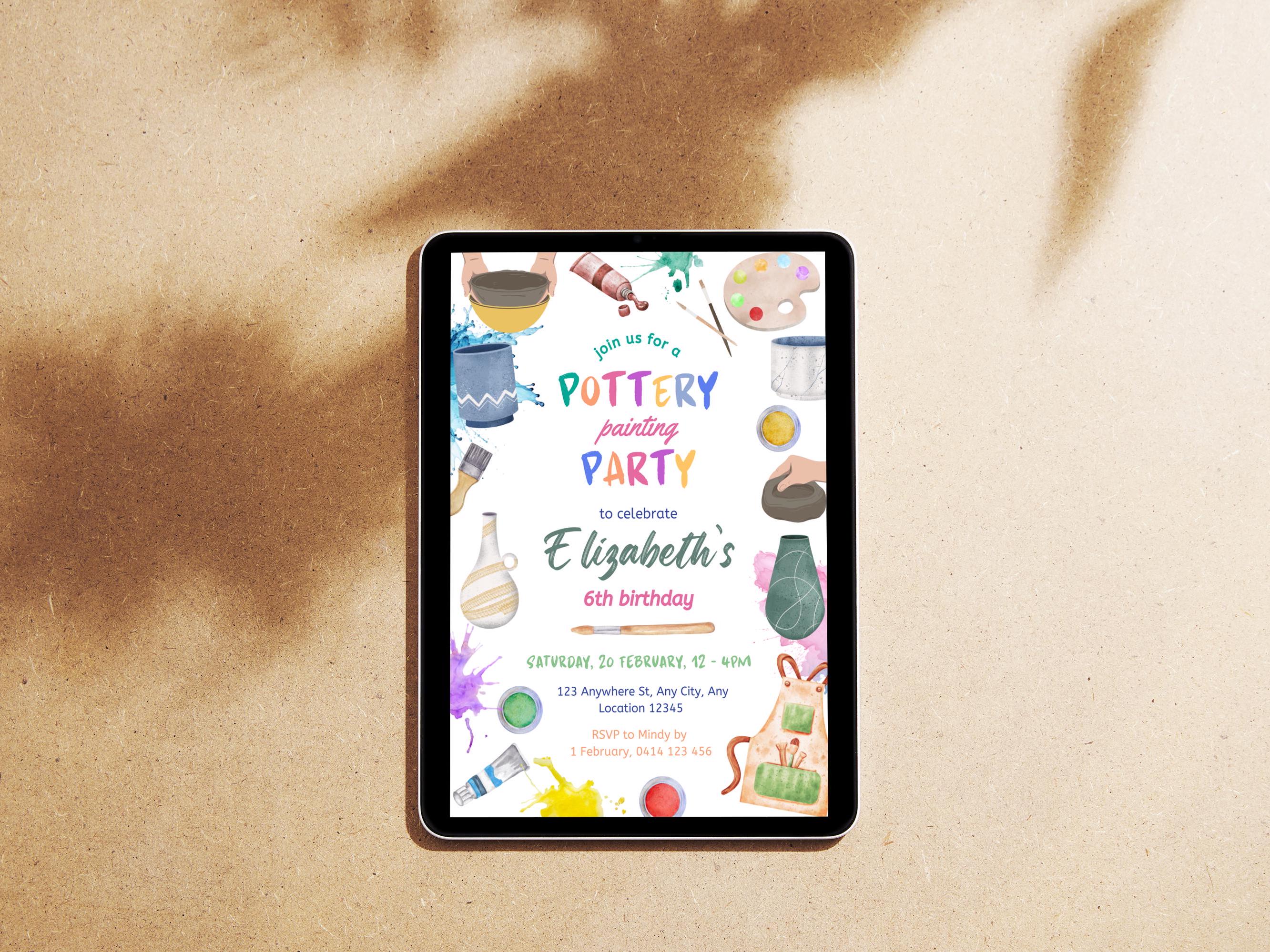 Pottery Painting Birthday Invitation, Art Party Invite, Tween Rainbow ...