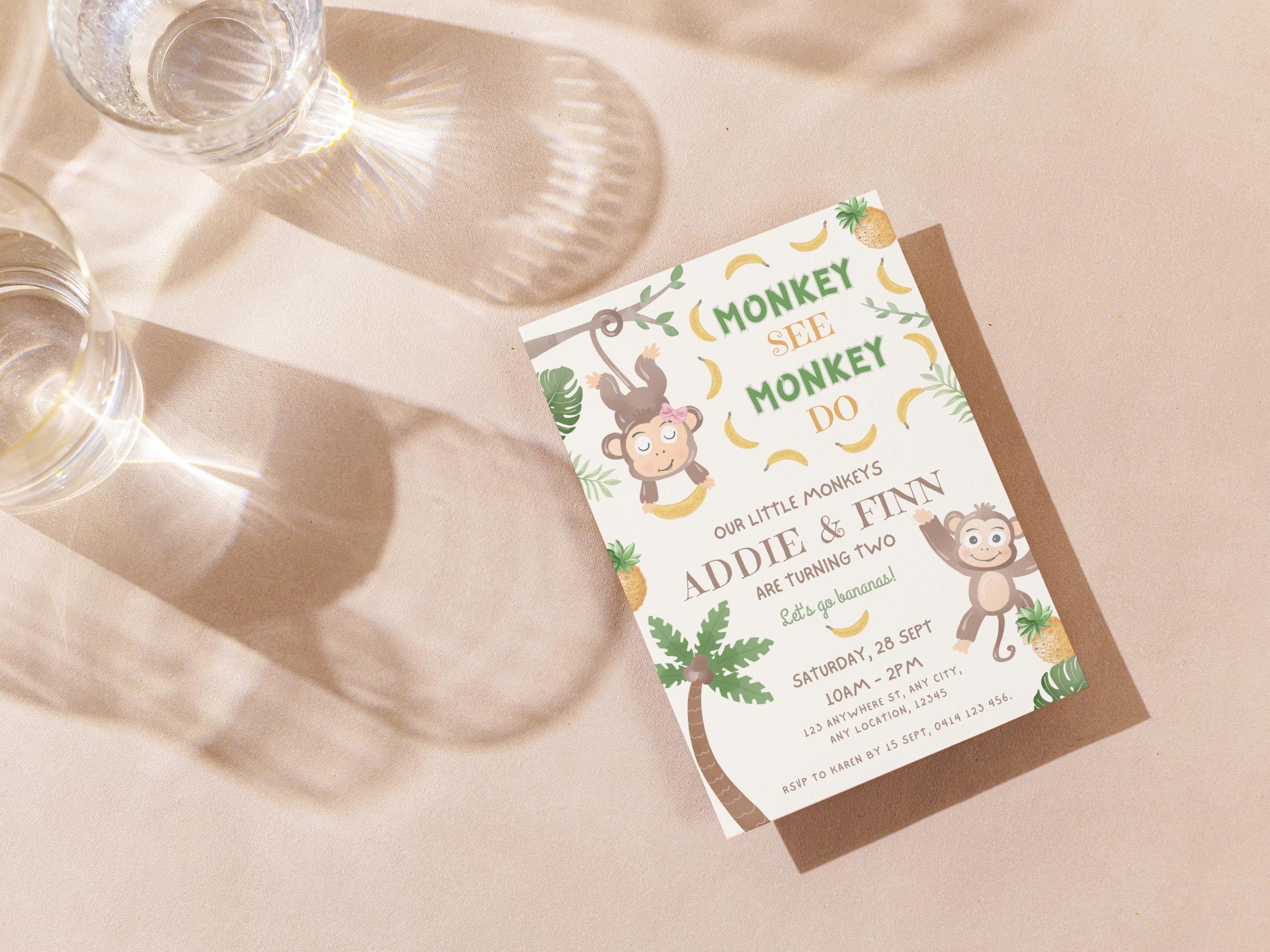 Siblings Monkey Birthday Invitation, Monkey See Monkey Two Birthday ...