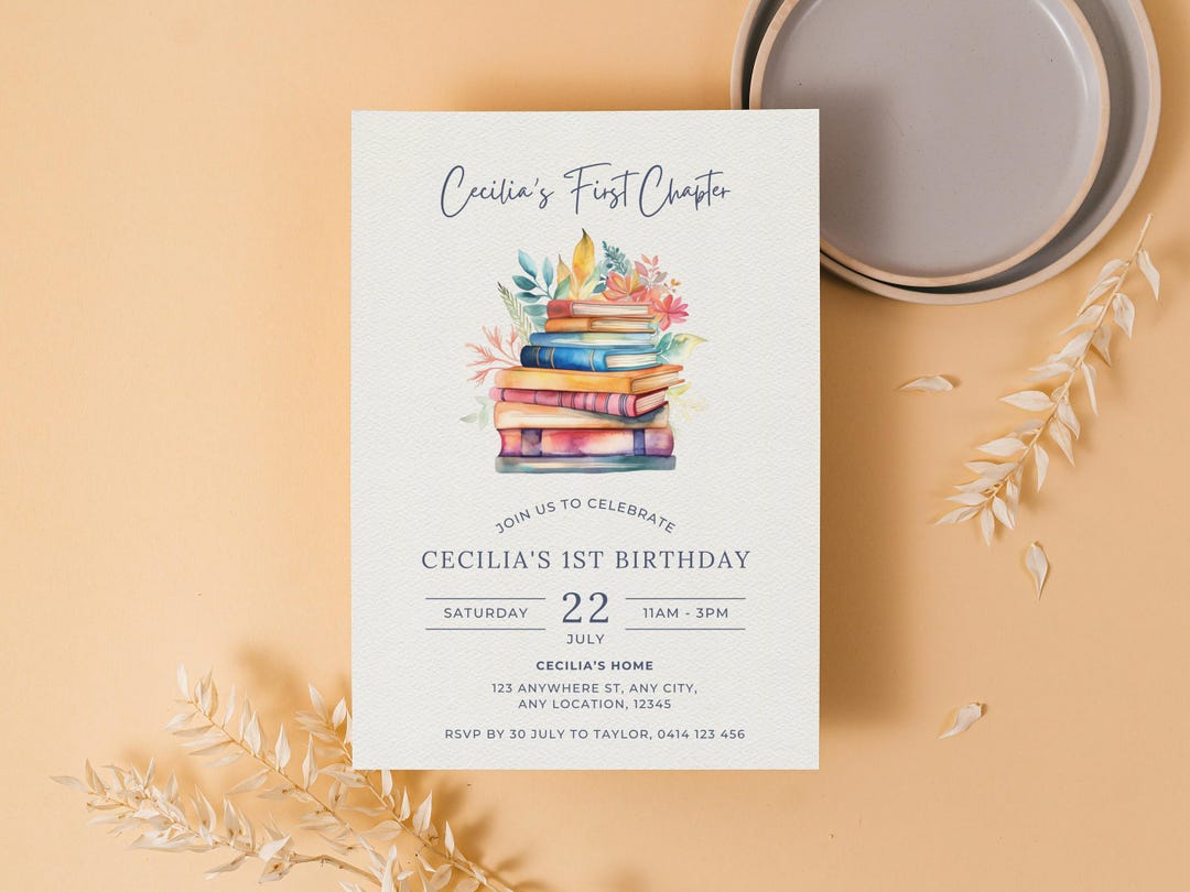 First Chapter Birthday Invitation, Book Worm Invite, Editable Book ...