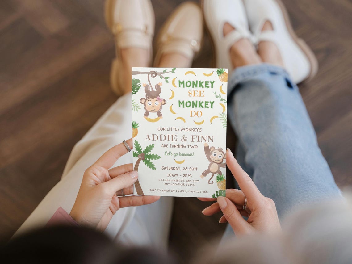 Siblings Monkey Birthday Invitation, Monkey See Monkey Two Birthday ...