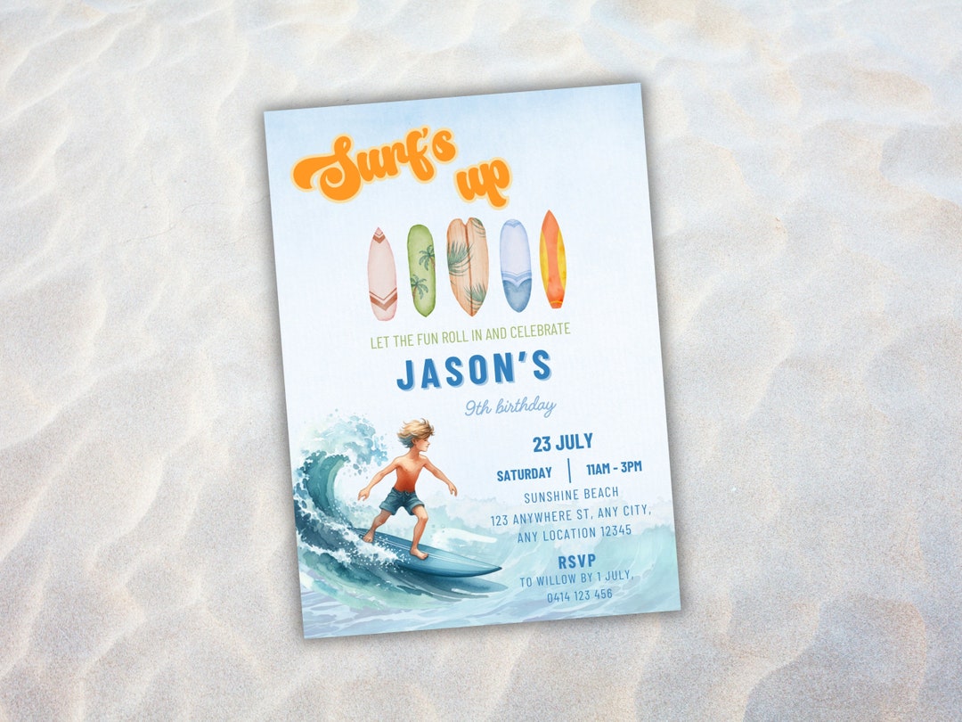 Surf's Up, Beach Birthday, Surf Birthday Party Invitation, Surfer ...