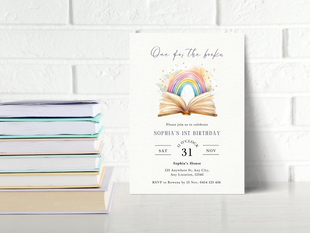 Rainbow Book Birthday Invite, Storybook Birthday Invitation, One for ...