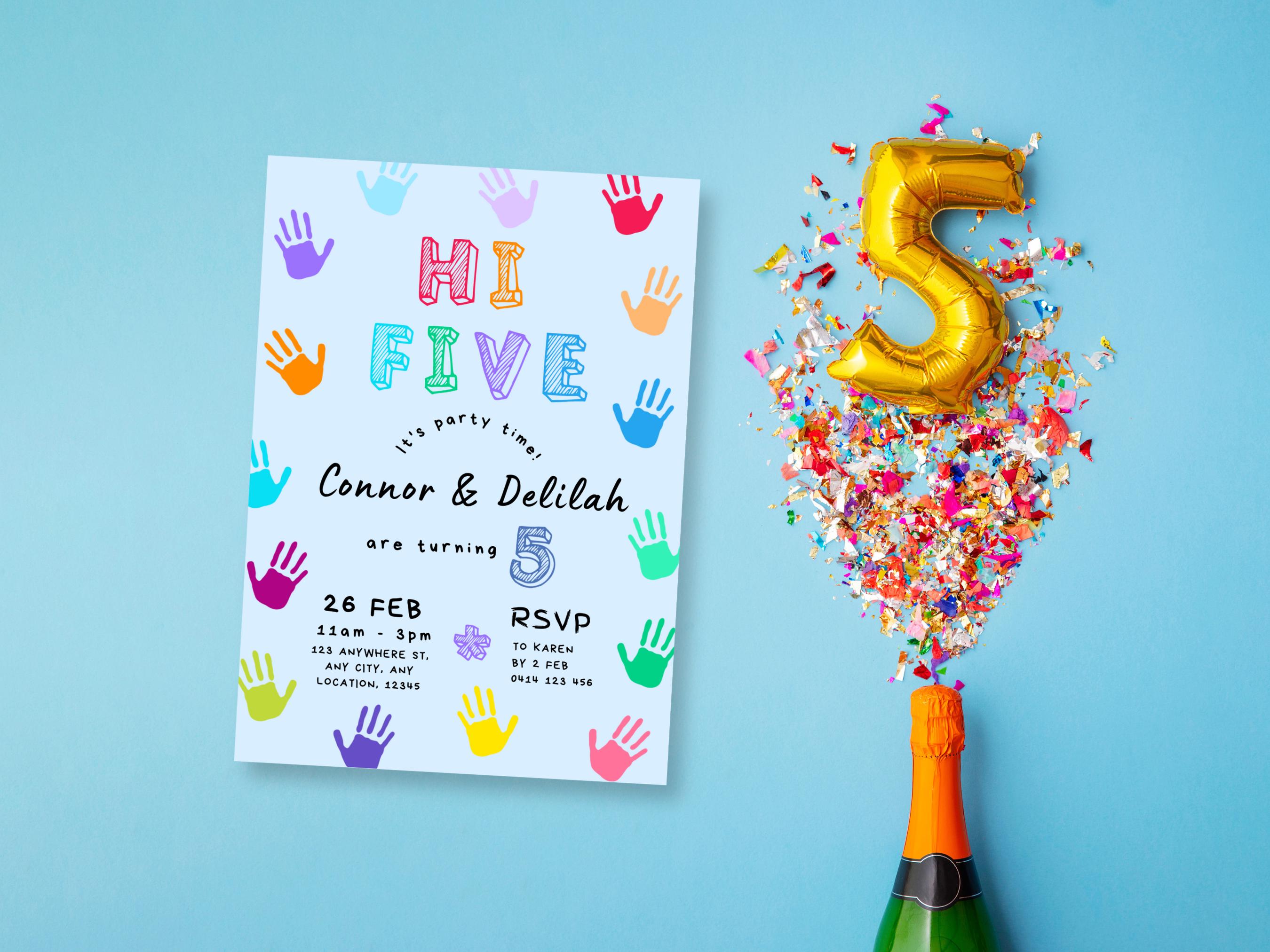 Hi Five Birthday Invite, Printable Hi 5 Invite, Twins High Five ...