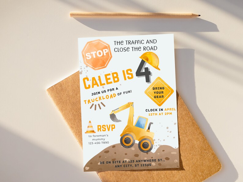 Editable Construction 4th Birthday Invitation Template, Yellow ...