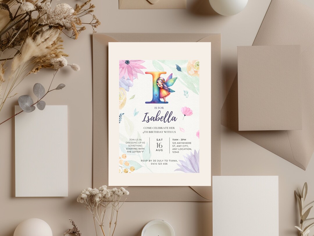 First Letter of Your Name Party Invitation, Fairy Birthday Party Invite ...