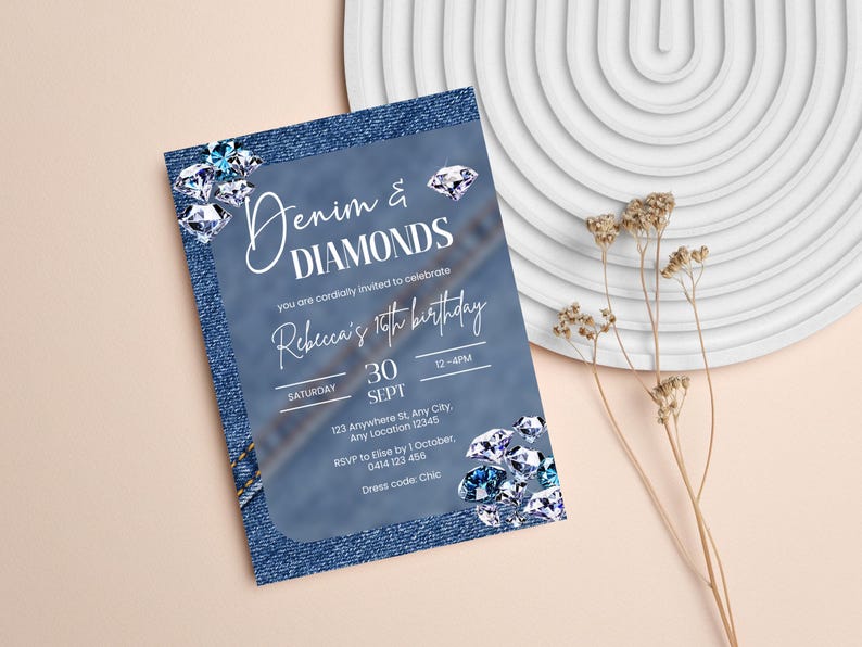 Denim and Diamond Invite, Denim & Diamonds Party Invitation, Denim and ...